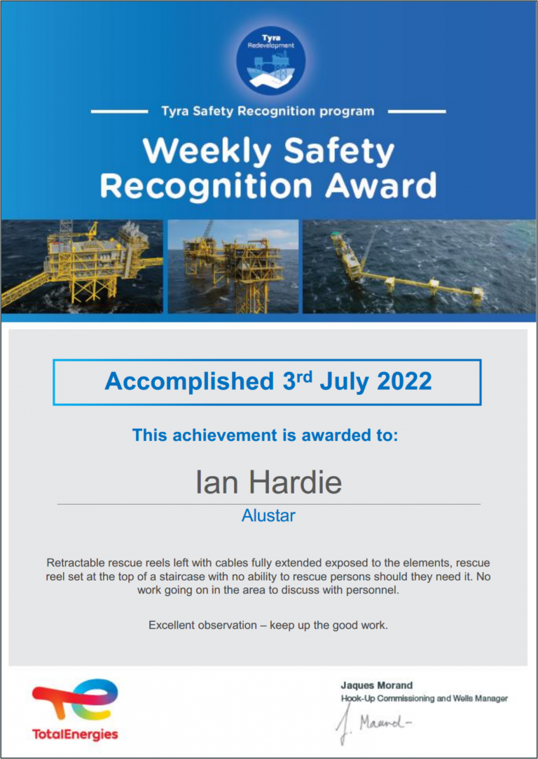 Safety Recogniton Award on the Tyra Redevelopment Project – Alustar ...